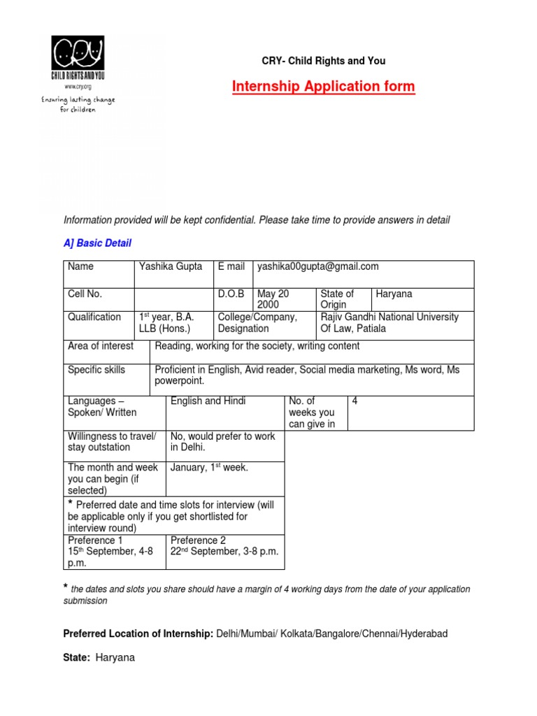 Internship Application Form: CRY-Child Rights and You | PDF ...