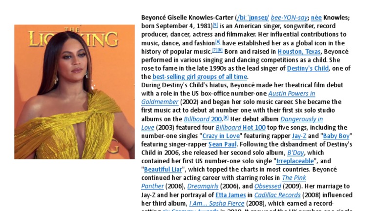 Beyoncé Giselle Knowles-Carter (Knowles : /bi Jɒnseɪ/ bee-YON-say Née | PDF