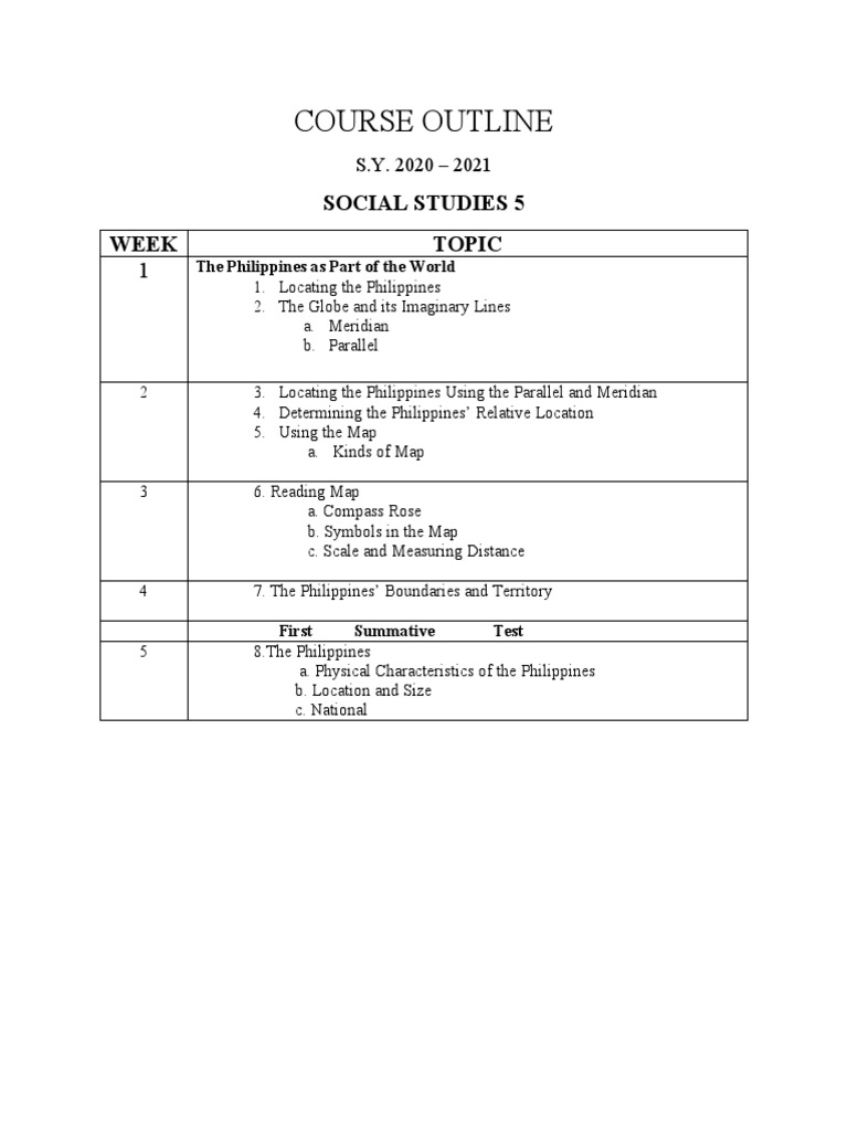 Course Outline: Social Studies 5 Week Topic | PDF