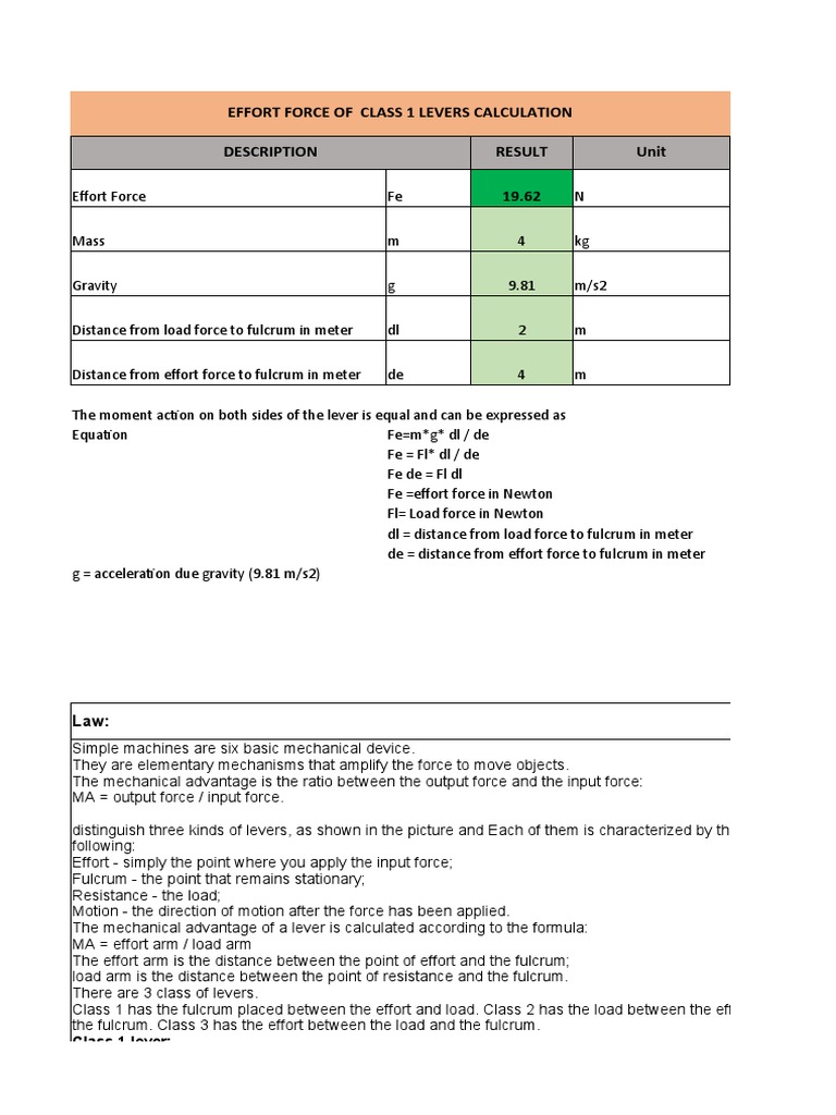 Class 1 Lever Effort Force Calculation | PDF | Lever | Force