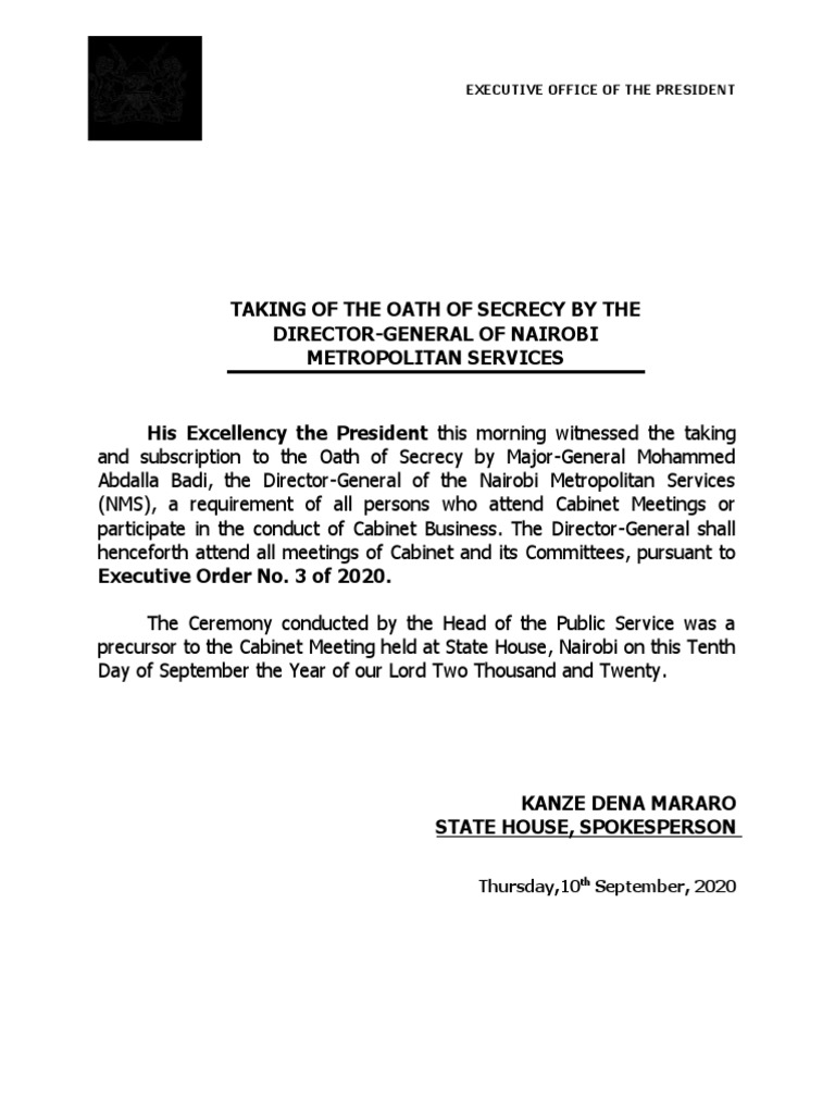 Taking of The Oath of Secrecy by The Director-General of Nairobi ...