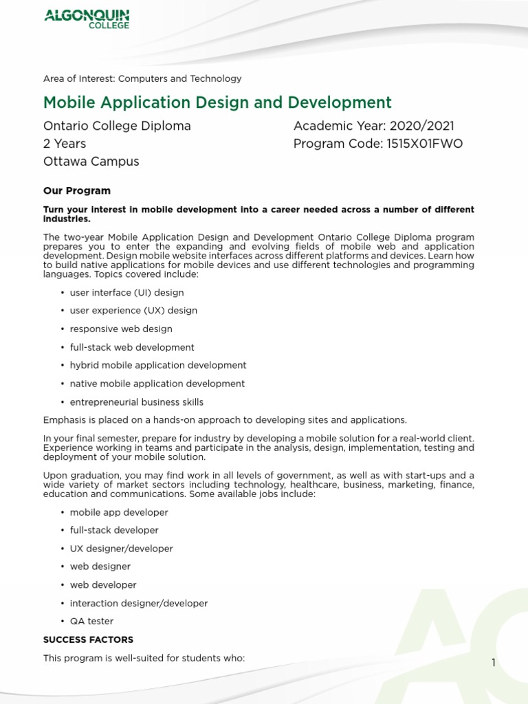 Algonquin University - Dip in Mobile App | PDF | Mobile App | General ...