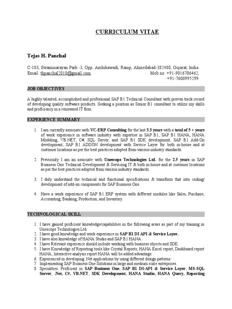 Curriculum Vitae: Tejas H. Panchal | PDF | Sap Se | Microsoft Sql Server