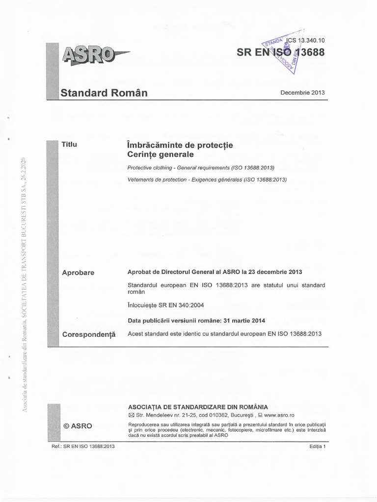 SR en Iso 13688 - 2013 - Imbracaminte de Protectie - Cerinte Generale | PDF