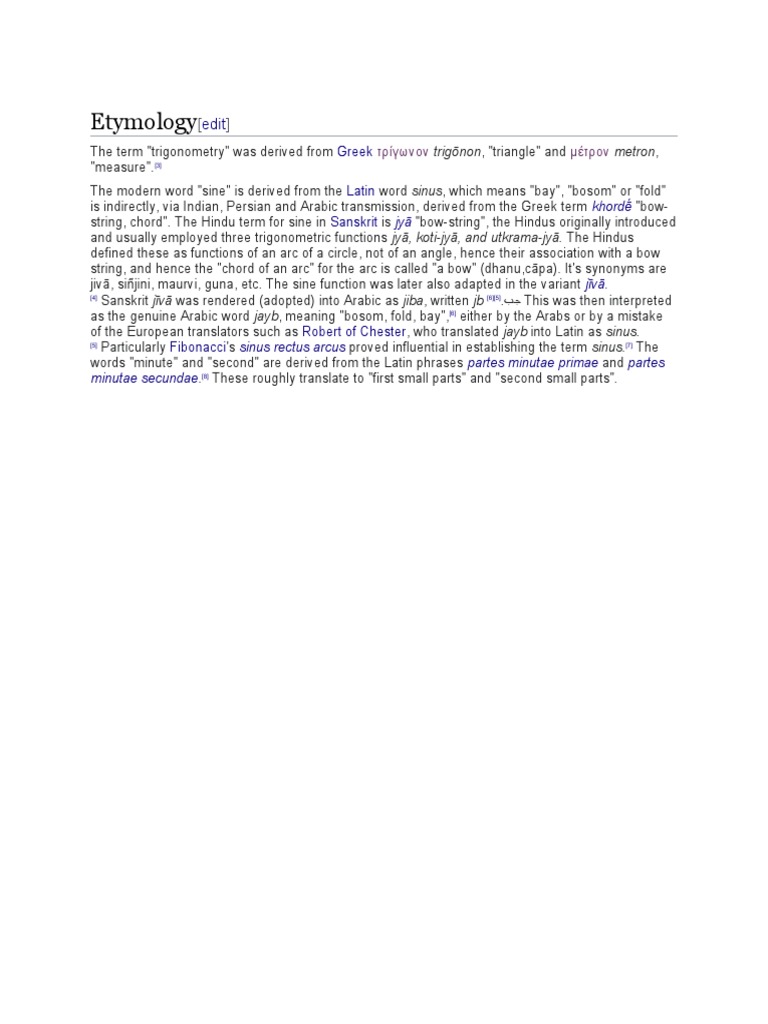 Etymology of Trigonometry and Sine | PDF