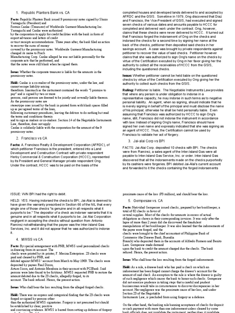 Nego Cases Digest Complete | PDF | Cheque | Promissory Note