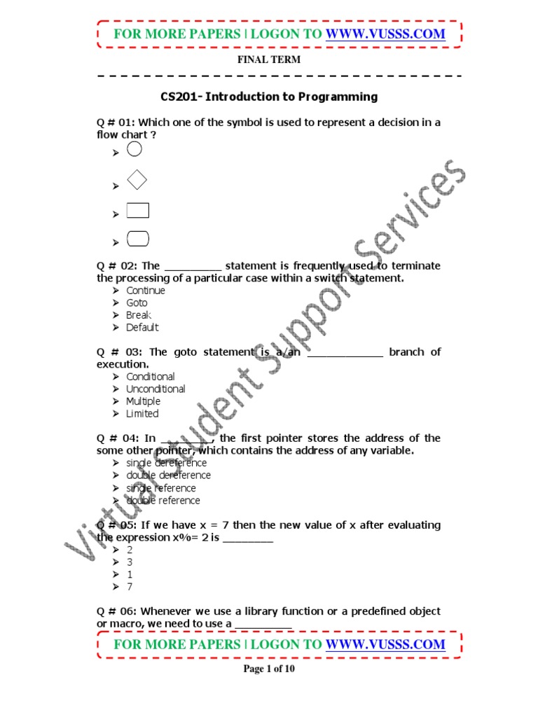 CS201 - Introduction To Programming - UnSolved - FINAL Term Paper - 01 PDF | PDF | Subroutine ...