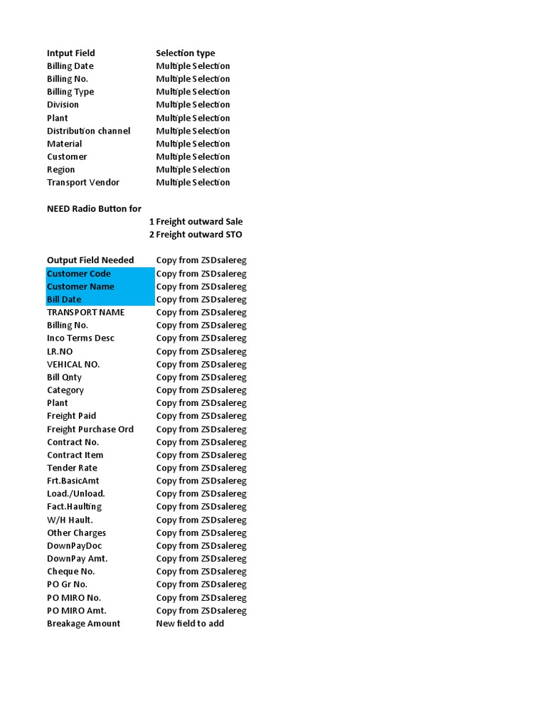 Freight Outward Input Field Setup | PDF