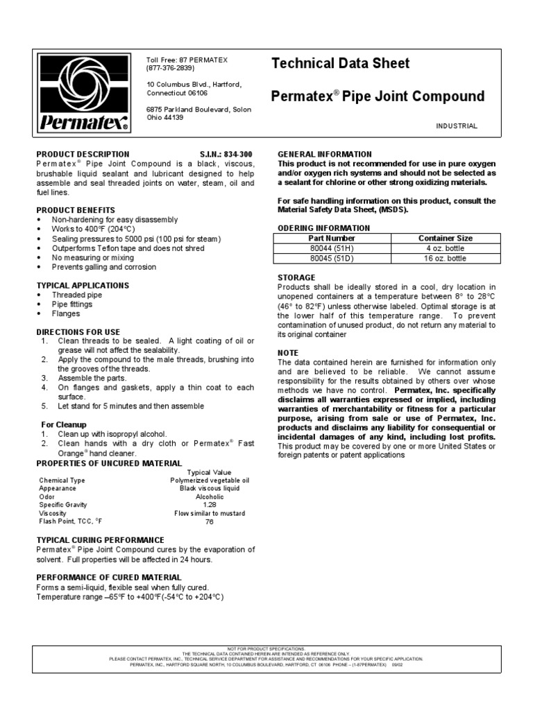 Permatex Pipe Joint Compound Guide | PDF | Pipe (Fluid Conveyance) | Viscosity