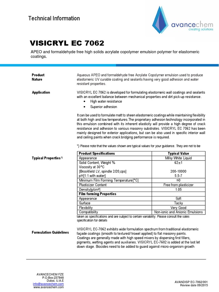Visicryl Ec 7062: Technical Information | PDF | Paint | Emulsion