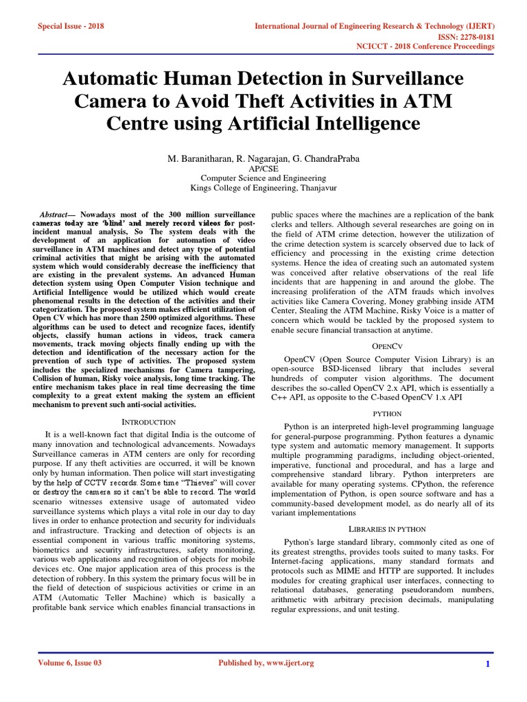 Automatic Human Detection In Surveillance Camera To Avoid Theft Activities In Atm Centre Using
