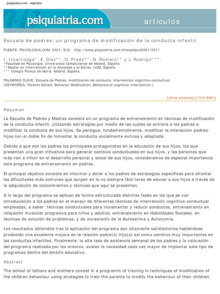 Escuela de padres: programa de modificación conductual infantil | PDF ...