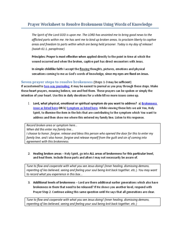 Prayer Worksheet To Resolve Brokenness Using Words of Knowledge | PDF ...