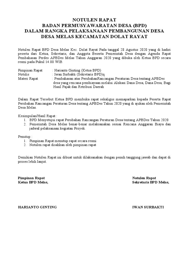 Notulen Rapat BPD, Lampiran Notulen, Dan Daftar Hadir | PDF