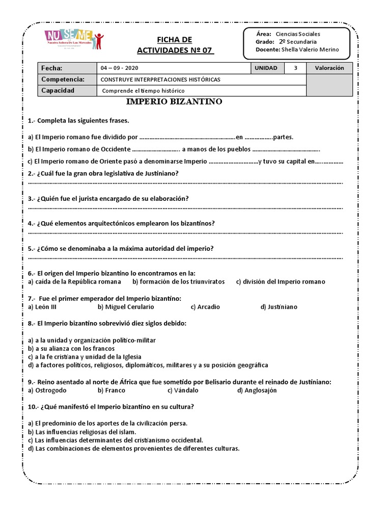 Actividades sobre el Imperio Bizantino | PDF | Justiniano I | imperio ...