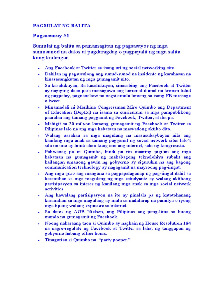 Fact Sheets Pagsulat NG Balita | PDF