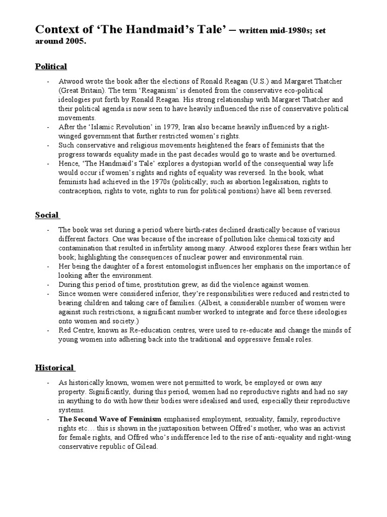 Context of The Handmaid's Tale' - : Written Mid-1980s Set Around 2005 ...