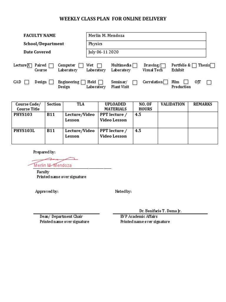 Weekly Class Plan For Online Delivery: Faculty Name School/Department ...