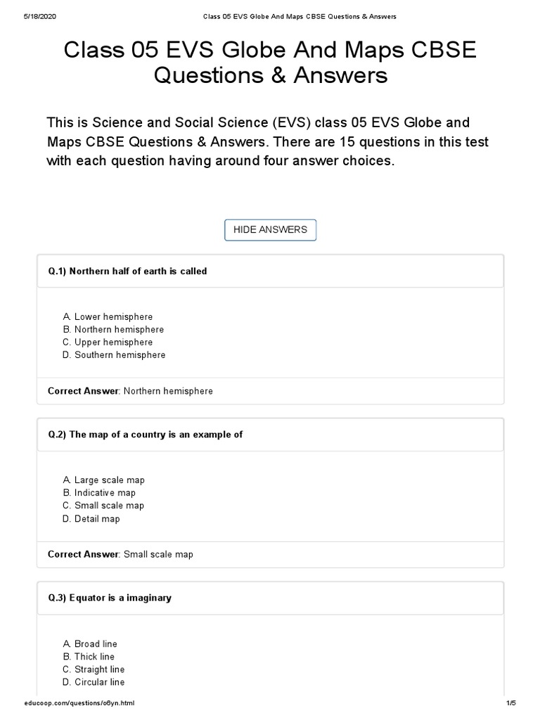 Class 05 EVS Globe and Maps CBSE Questions & Answers PDF | Download ...