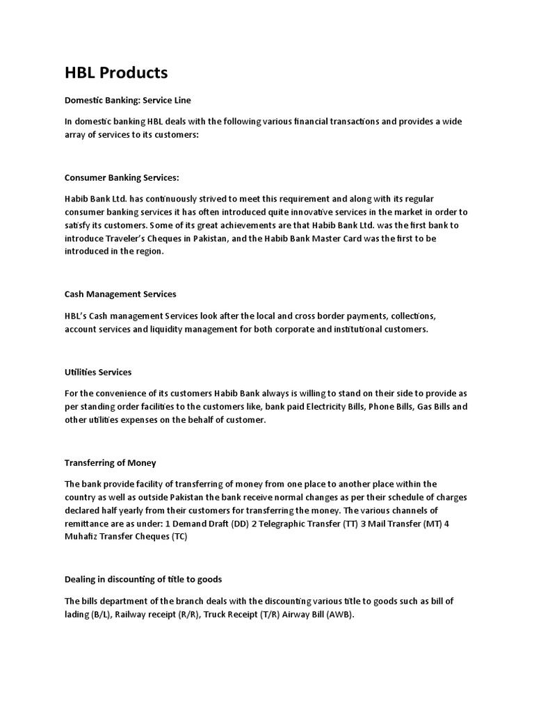 HBL Products: Domestic Banking: Service Line | PDF | Banks | Financial ...