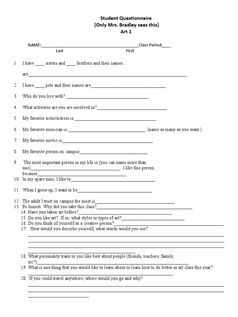 Student Art Class Questionnaire | PDF