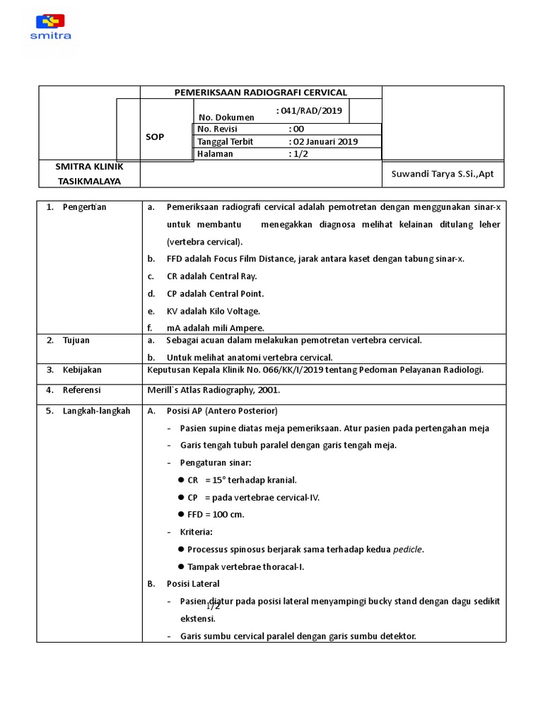 Sop Radiologi 041 Pemeriksaan Radiografi Cervical | PDF | Kesehatan ...