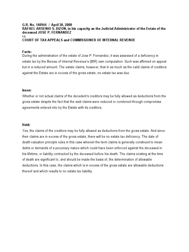 Arsenio Dizon v. CTA / G.R. No. 140944 / April 30, 2008 | PDF