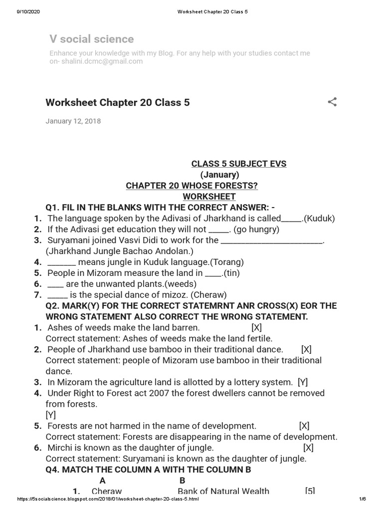 Worksheet Chapter 20 Class 5 | PDF | Agriculture | Nature