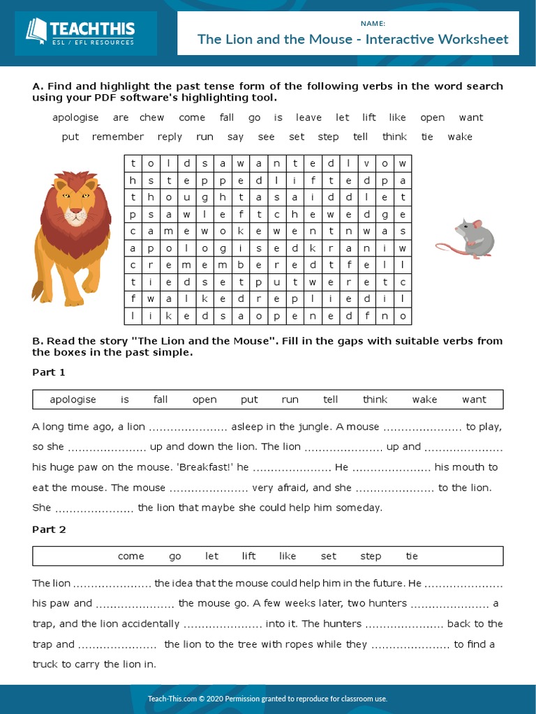 The Lion and The Mouse - Interactive Worksheet: Esl / Efl Resources ...