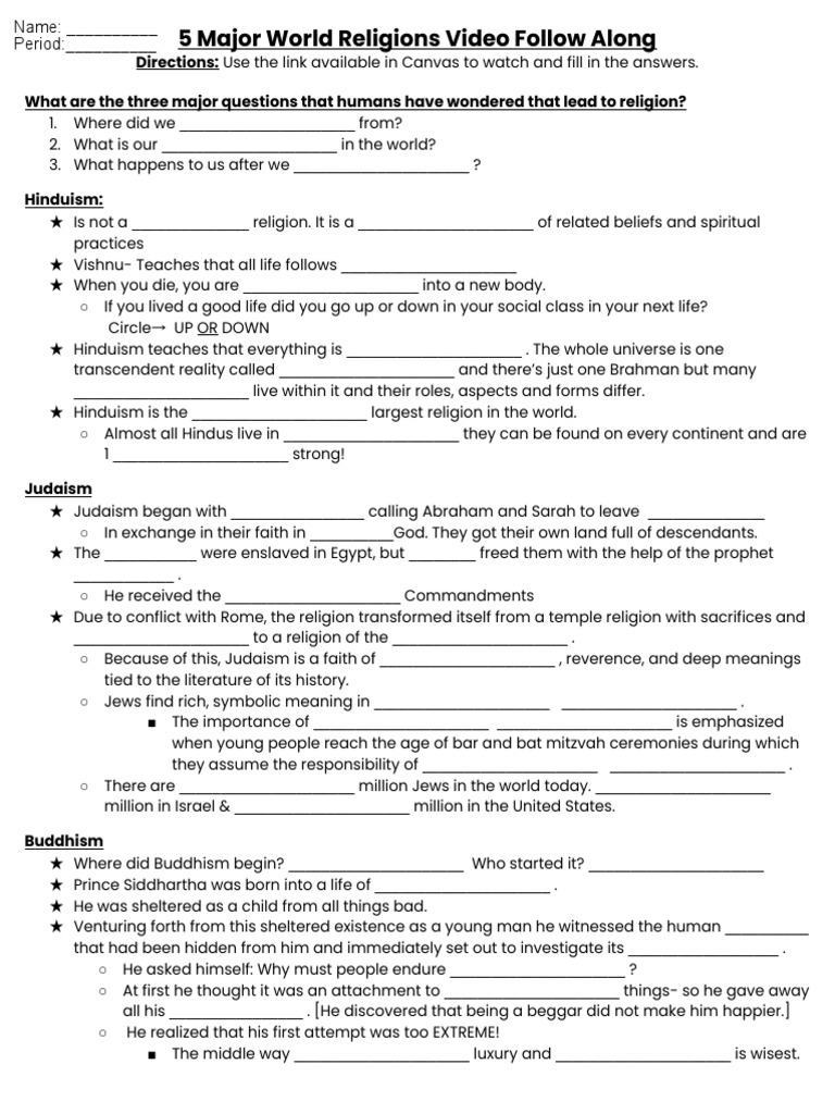 5 Major World Religions Video Follow Along | PDF | Jesus | Theology