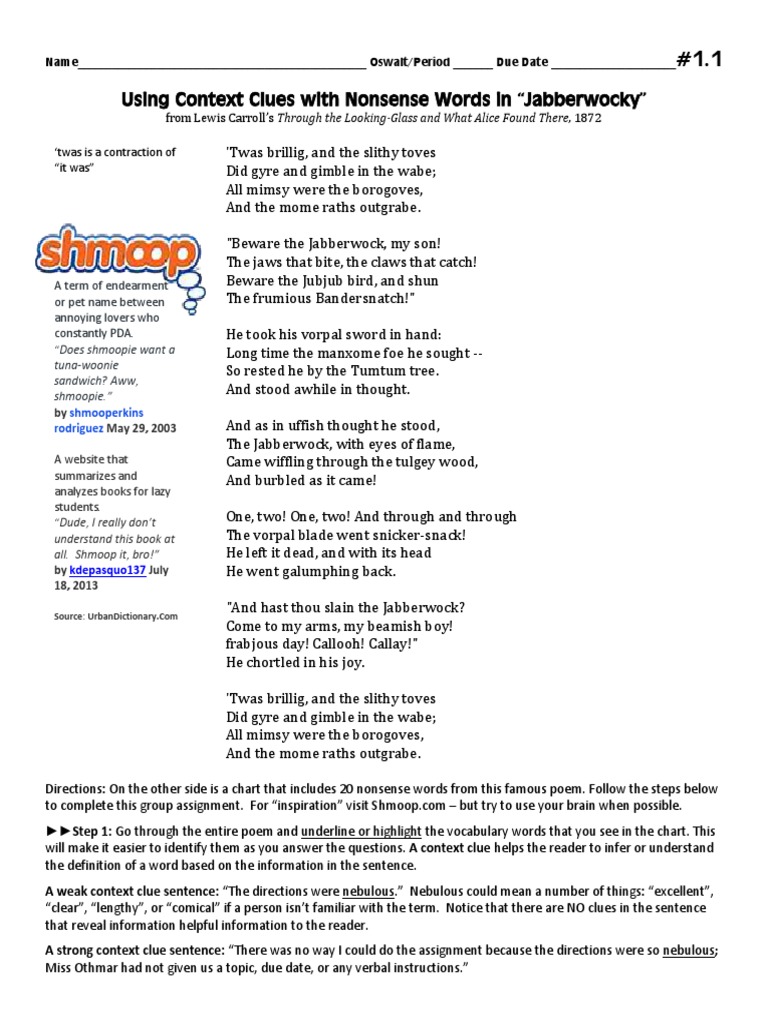 Using Context Clues With Nonsense Words in "Jabberwocky" | PDF ...