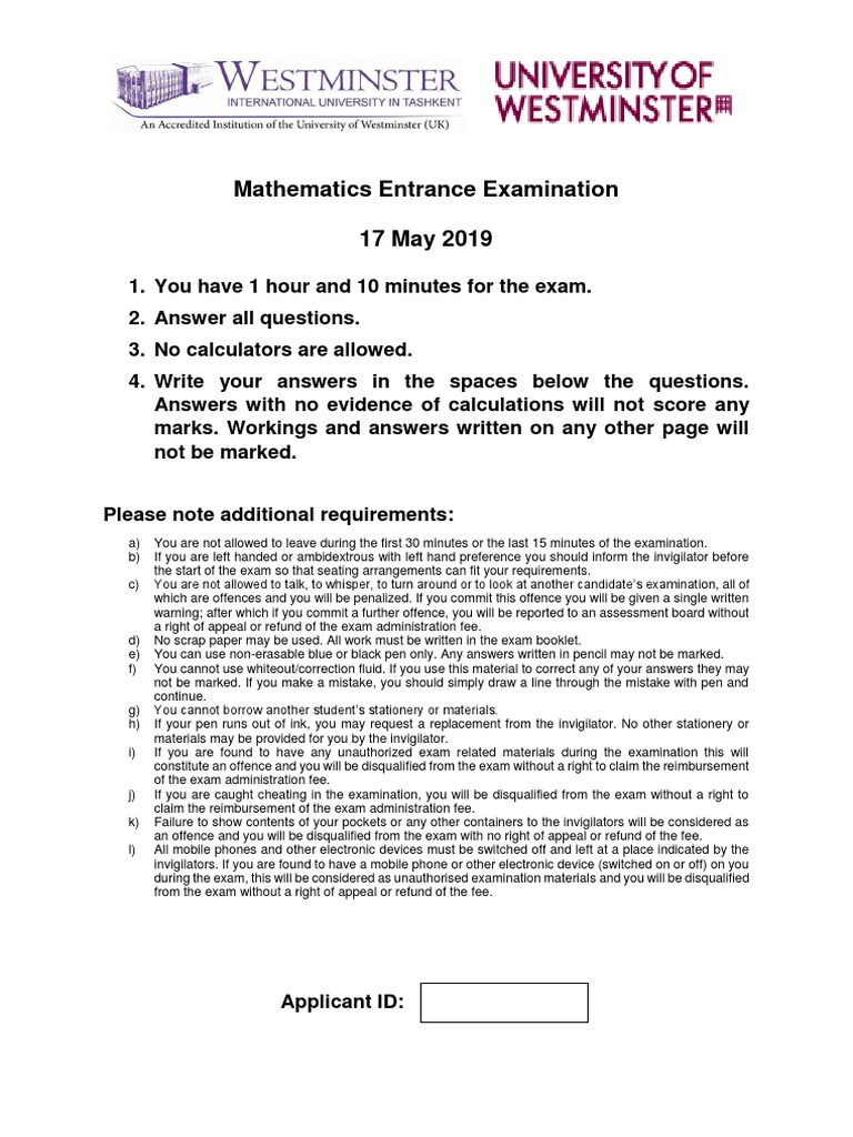 Mathematics Entrance Examination 17 May 2019 | PDF | Test (Assessment ...