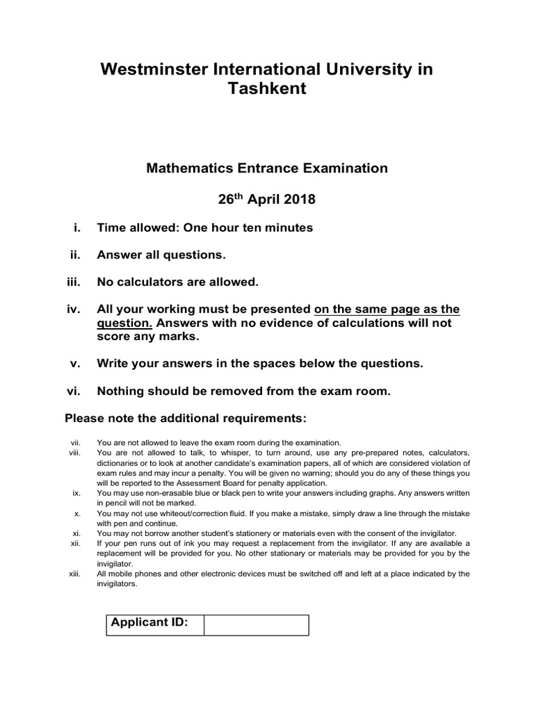 Mathematics Entrance Examination for Westminster International ...