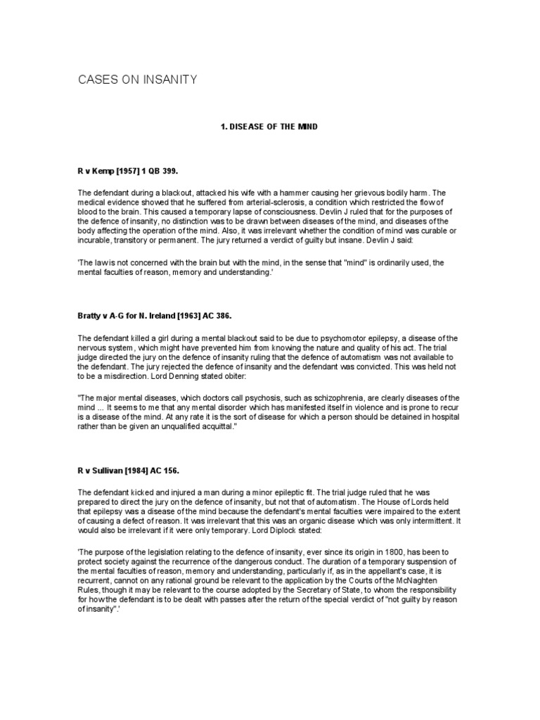 Cases On Insanity | Download Free PDF | Insanity Defense | Common Law