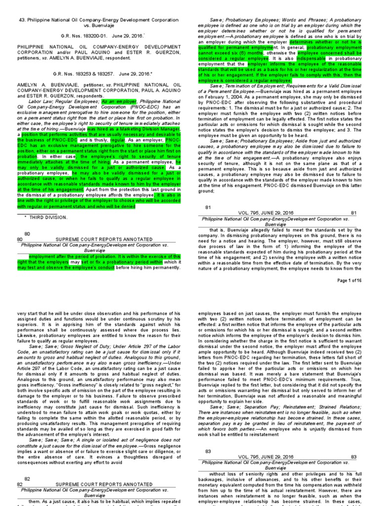 Labor Law Case: PNOC-EDC vs. Buenviaje | PDF | Employment | Negligence