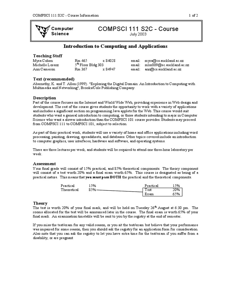 COMPSCI 111 S2C - Course: Introduction To Computing and Applications | PDF | Computer Science ...