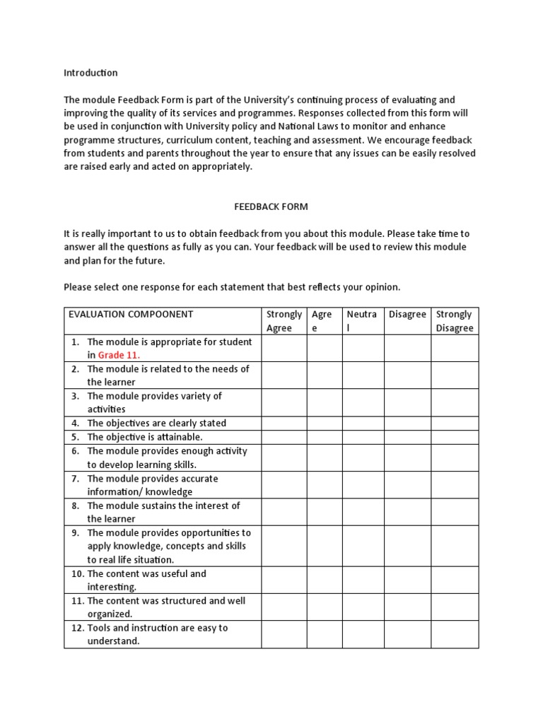 FEEDBACK FORM For Modules 2 | PDF | Applied Psychology | Learning