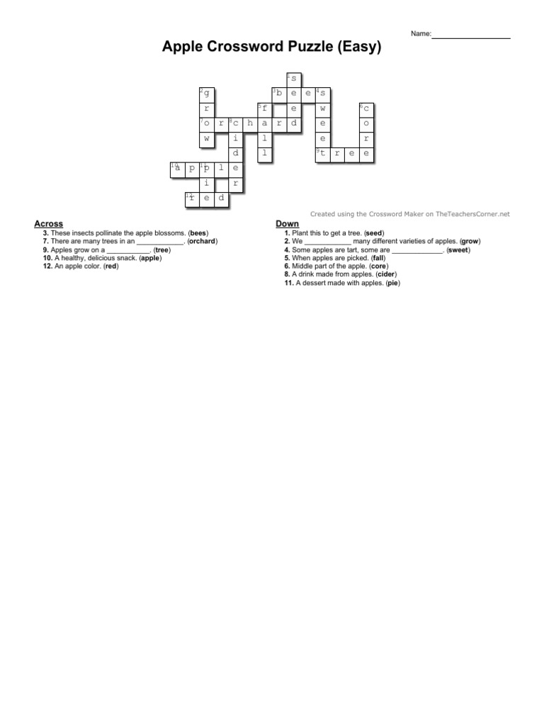 Answer Key - Apple Crossword Puzzle - Easy PDF | PDF