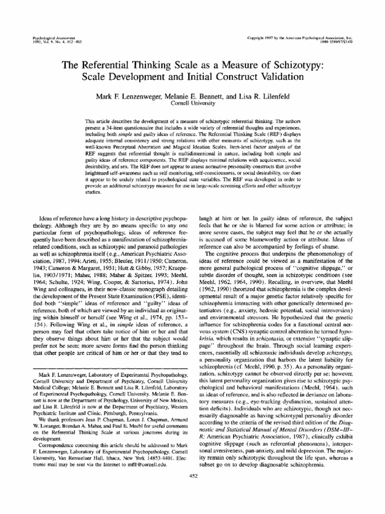 Referential Thinking Scale | PDF | Psychometrics | Diagnostic And ...