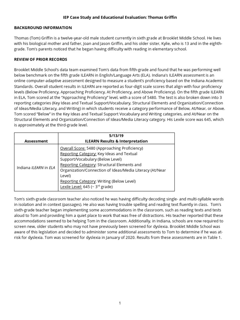 Iep Case Study and Educational Evaluation Secondary | PDF | Phonics | Learning Disability