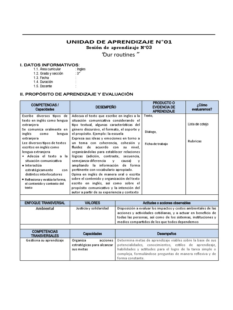 Sesión de Aprendizaje: Rutinas en Inglés | PDF | Idioma en Inglés ...
