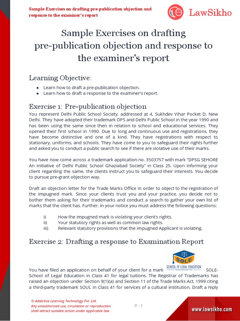 Sample Exercises On Drafting Pre-Publication Objection and Response To ...