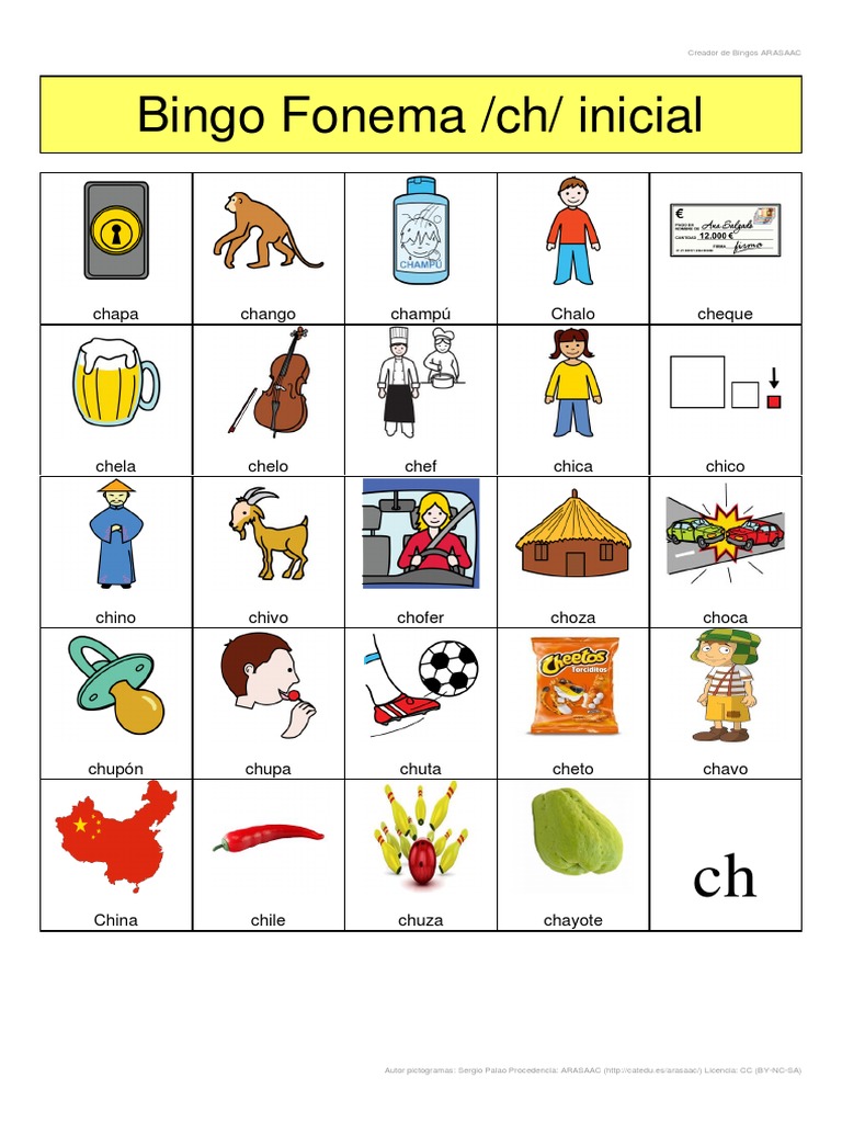 Bingo de Palabras con Fonema Ch | PDF