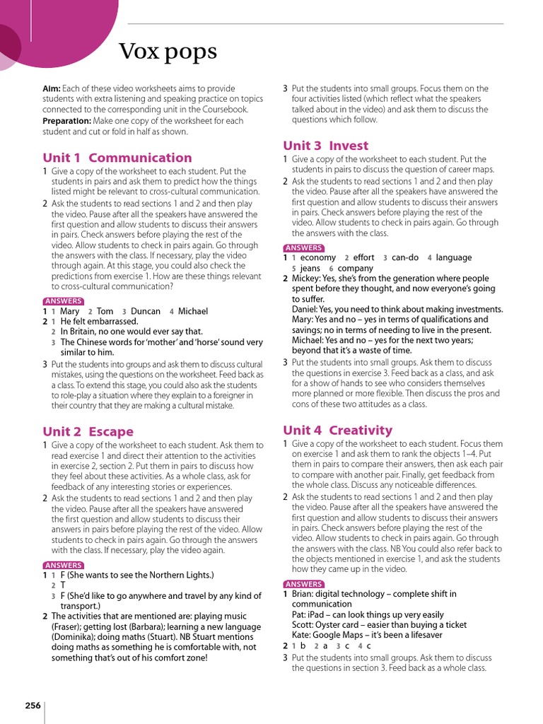 Vox Pops Video Worksheets Teacher's Notes | PDF | Question | Reading ...