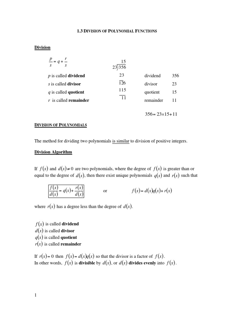 1.3 Division of Polynomial Functions | PDF | Division (Mathematics ...