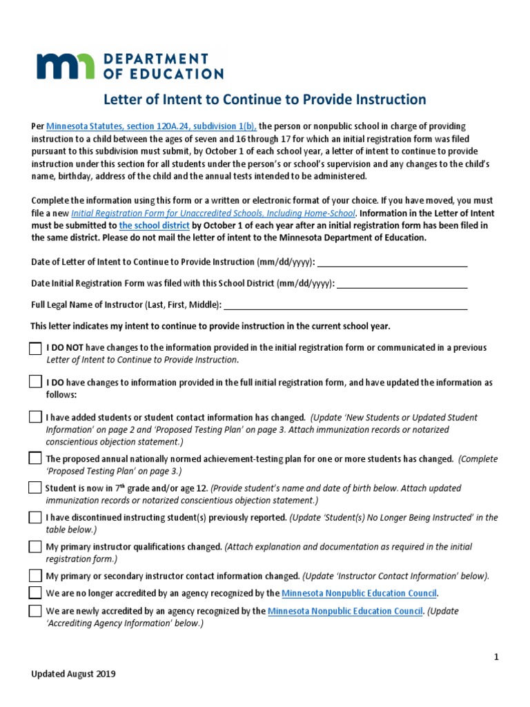 Minnesota Letter of Intent for Instruction | PDF | Test (Assessment ...