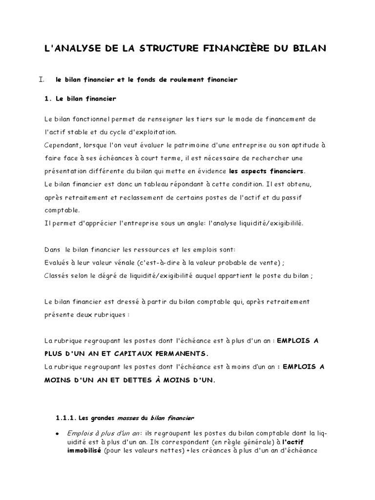 Analyse du Bilan Financier et Liquidité | PDF | Bilan comptable ...