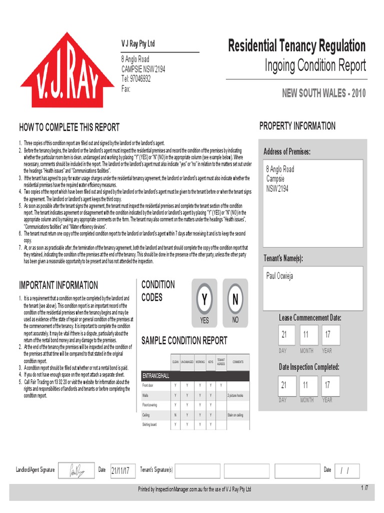 Sample Ingoingconditionreport | PDF | Leasehold Estate | Landlord