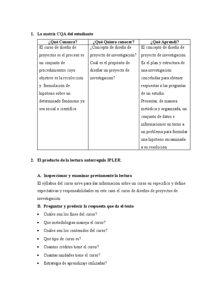 La Matriz CQA Del Estudiante | PDF | Diseño | Aprendizaje