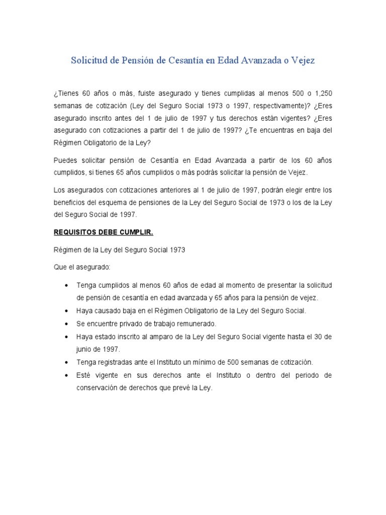 Solicitud de Pensión de Cesantía en Edad Avanzada o Vejez | PDF | Certificado de nacimiento ...